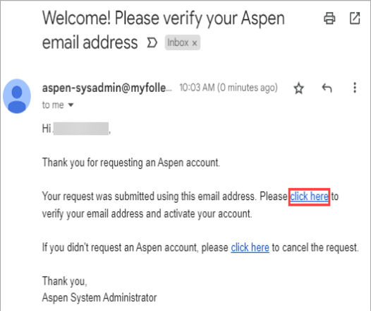 Create an Aspen account with an email link